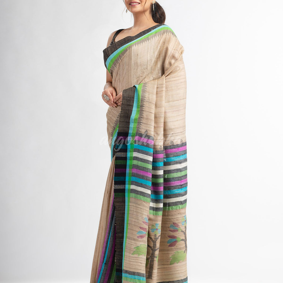 Multi color kuchi with jamdani pallu in temple border ghicha silk ...