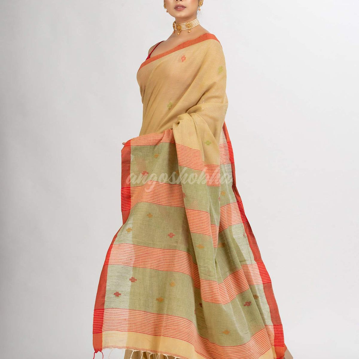 Natural Tussar Colour Handwoven Cotton Jamdani handloom Saree – angoshobha