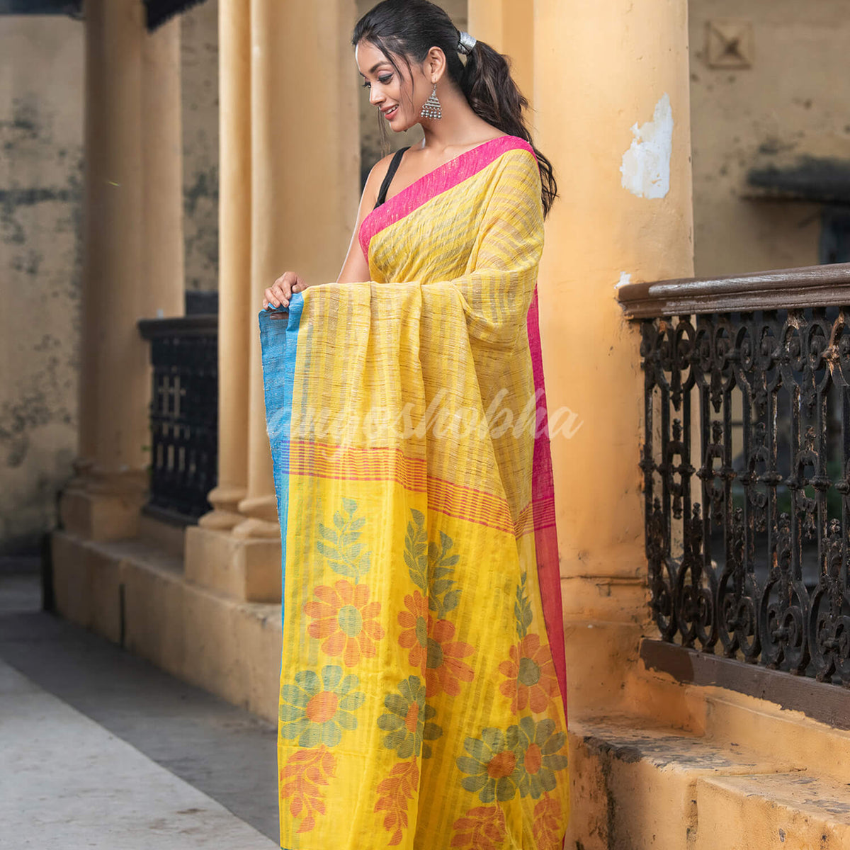 Zinc Yellow Cotton Ghicha Ganga Yamuna Border Jamdani Saree – angoshobha