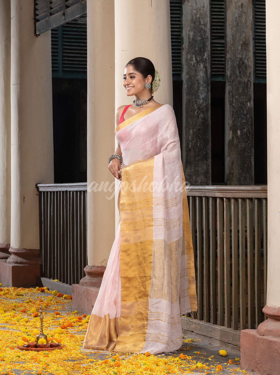 Light Pink Linen Traditional Handloom Saree – angoshobha