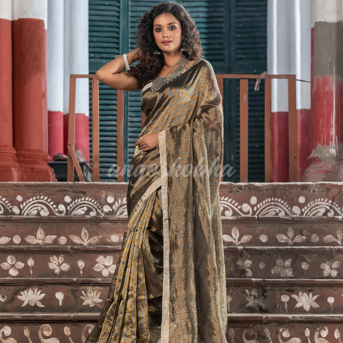 Gold & Silver All Body Check Tissue Linen Handloom Saree – angoshobha