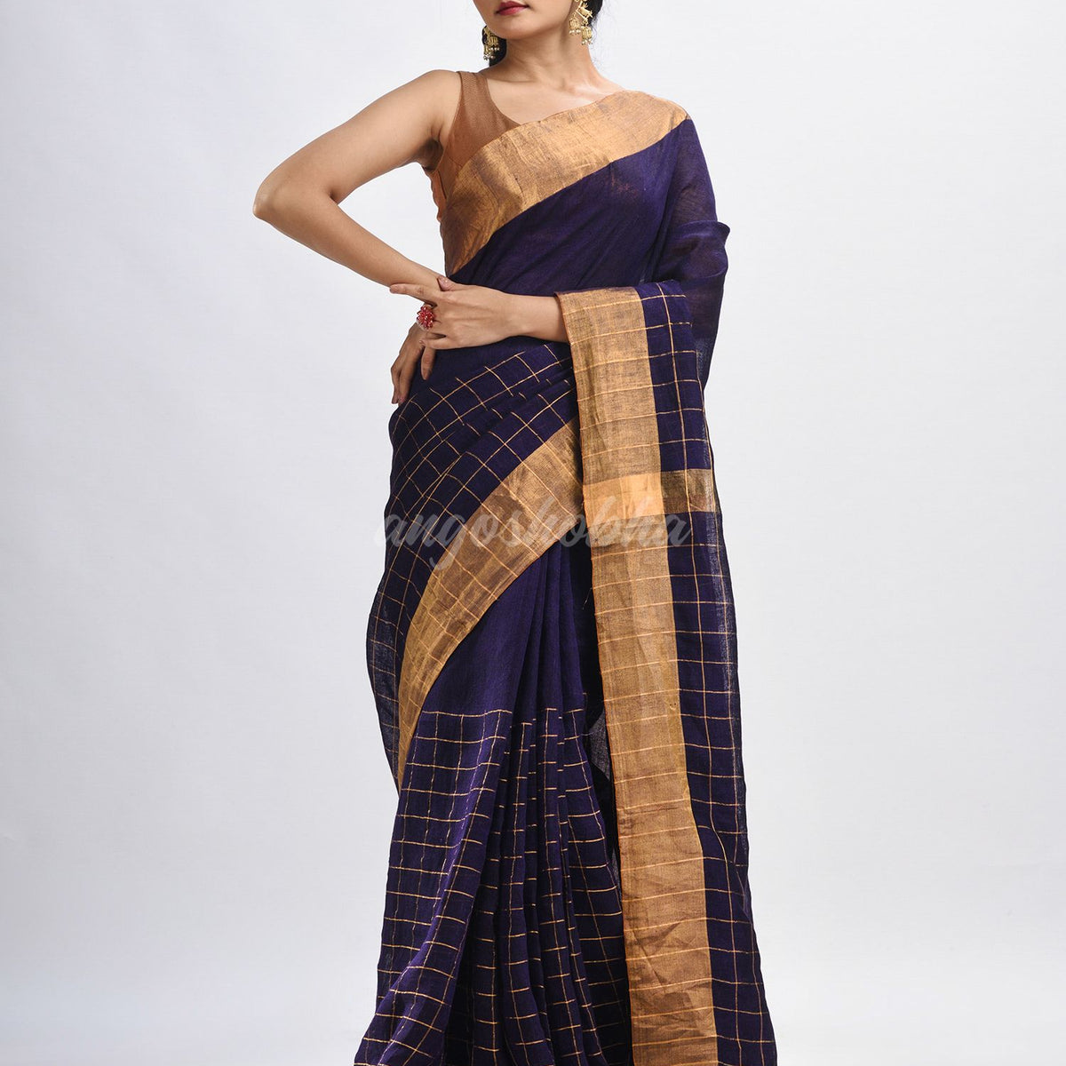 Violet linen half check and huff solid body jamdani saree – angoshobha