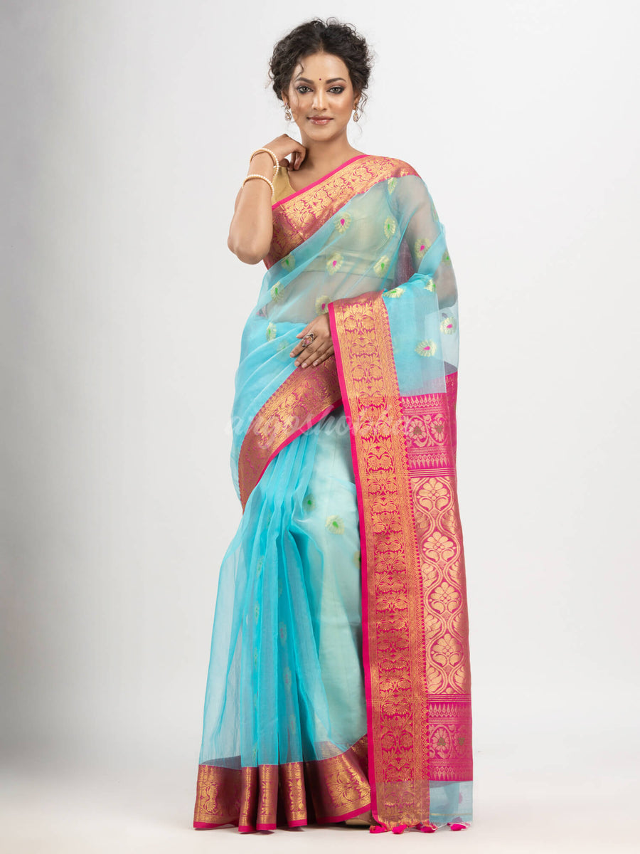 Turquoise (Tute) art silk Muslin Jacquard Jamdani Saree – angoshobha