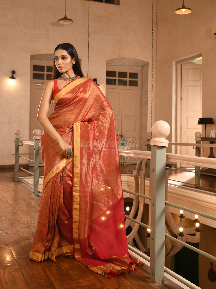 Maroon Linen Zari Tissue Handwoven tissue Saree – angoshobha