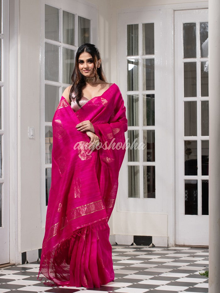 Pink Matka Body with Golden Motifs & Kolka Pallu Handwoven Saree ...