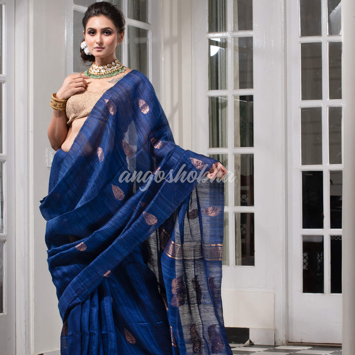 Navy Blue Matka Body with Golden Motifs & Kolka Pallu Handwoven Saree ...