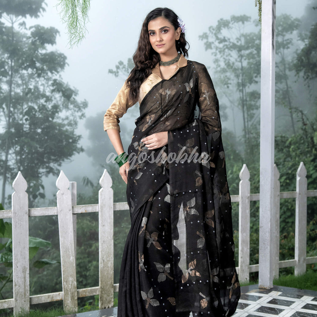 Traditional Black Matka Silk Sequin Soft Jamdani Saree – angoshobha