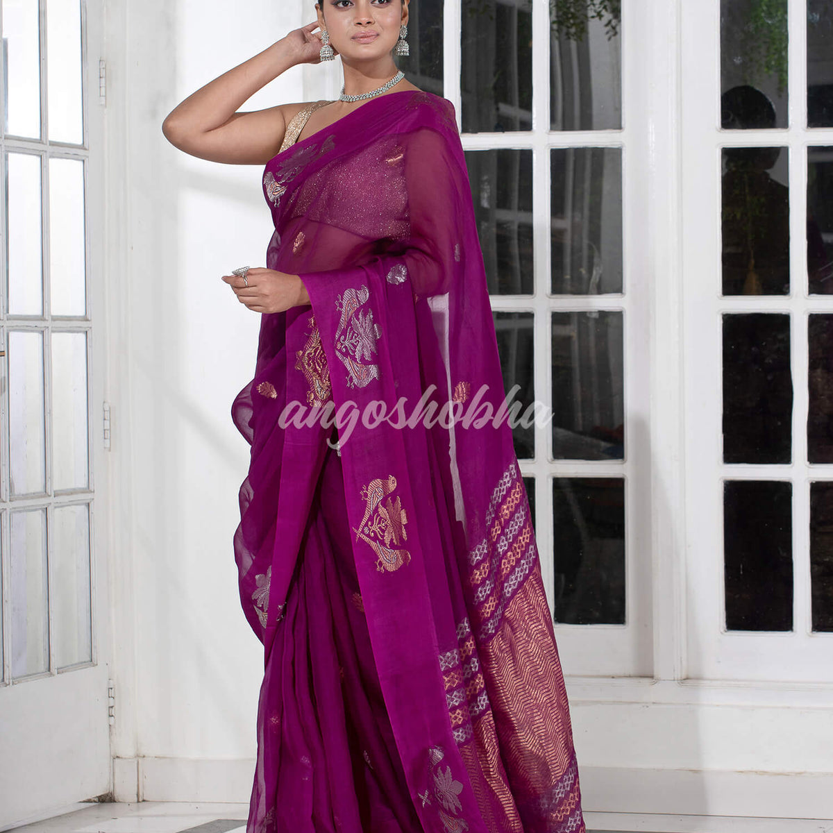Mulberry Pure Muslin Intricate Bird Design Border Handwoven Saree ...