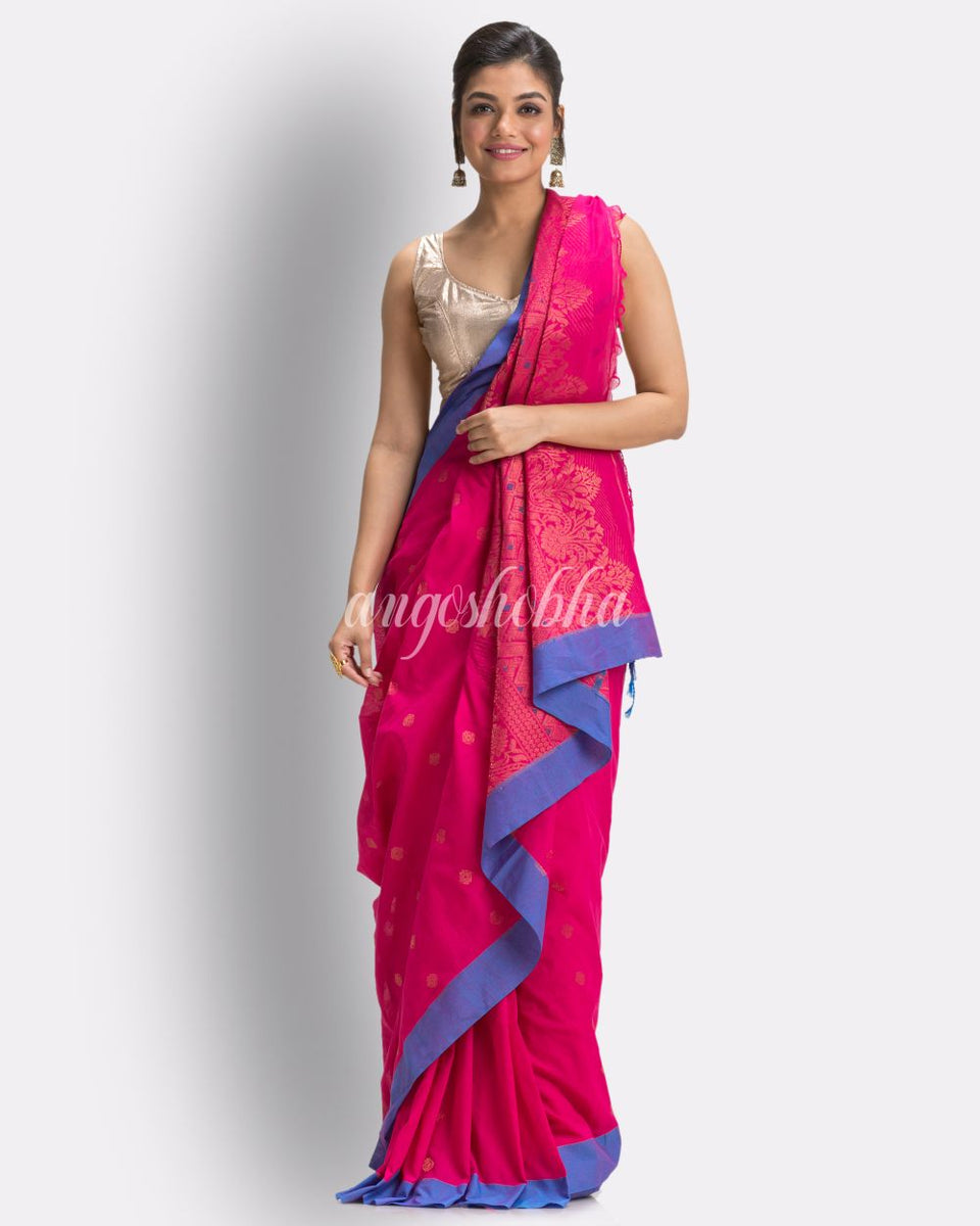 Bright Pink Cotton Handloom Tangail Saree – angoshobha