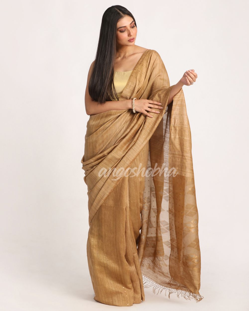 Deep Tan Matka Silk Handloom Traditional Jamdani Saree