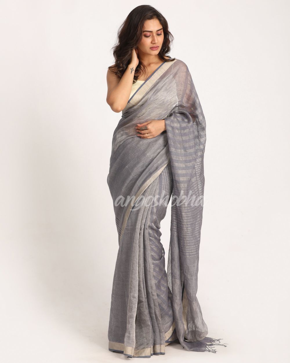 Grey Blue Check Traditional Handloom Linen Saree – angoshobha