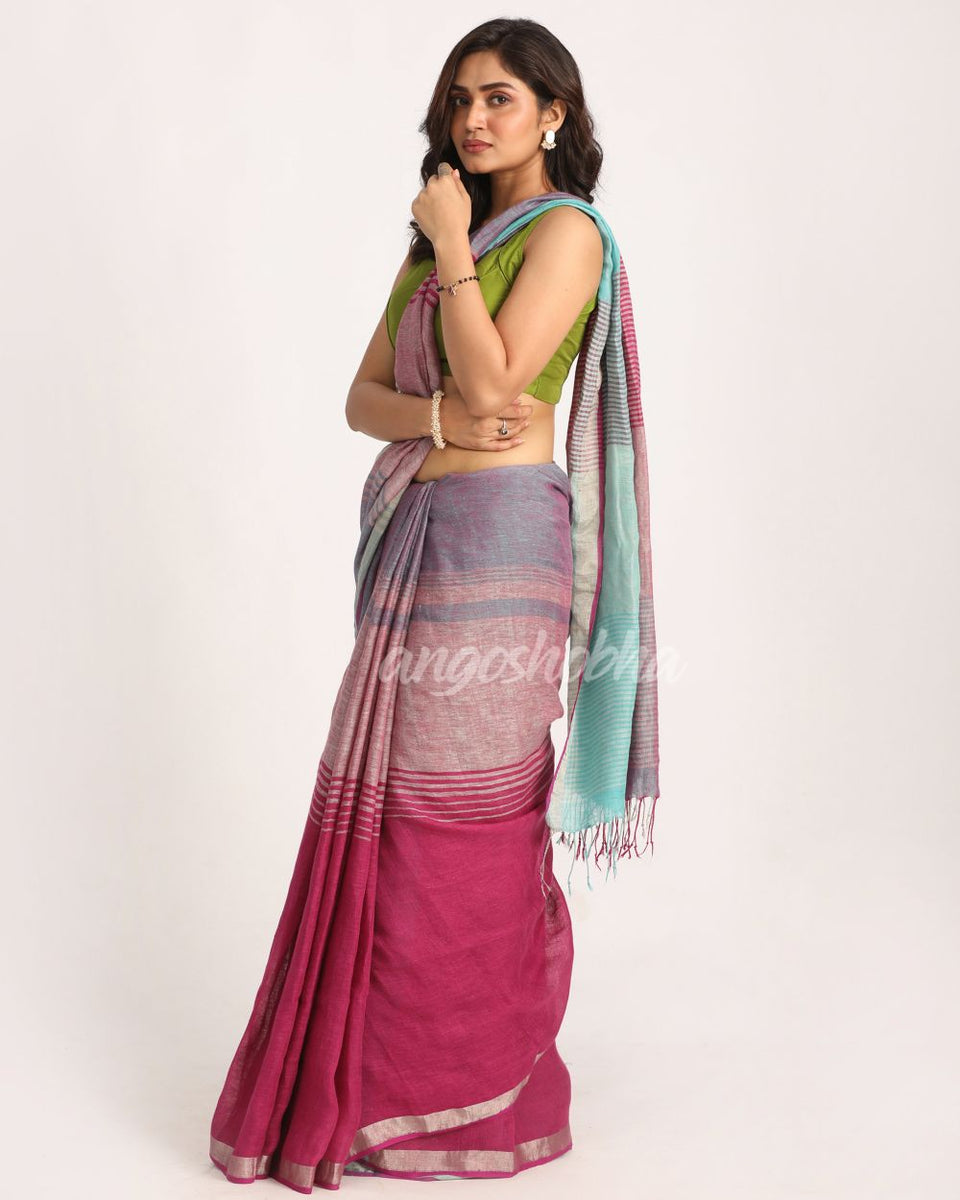 Multicolour Traditional Handloom Check Linen Saree – angoshobha