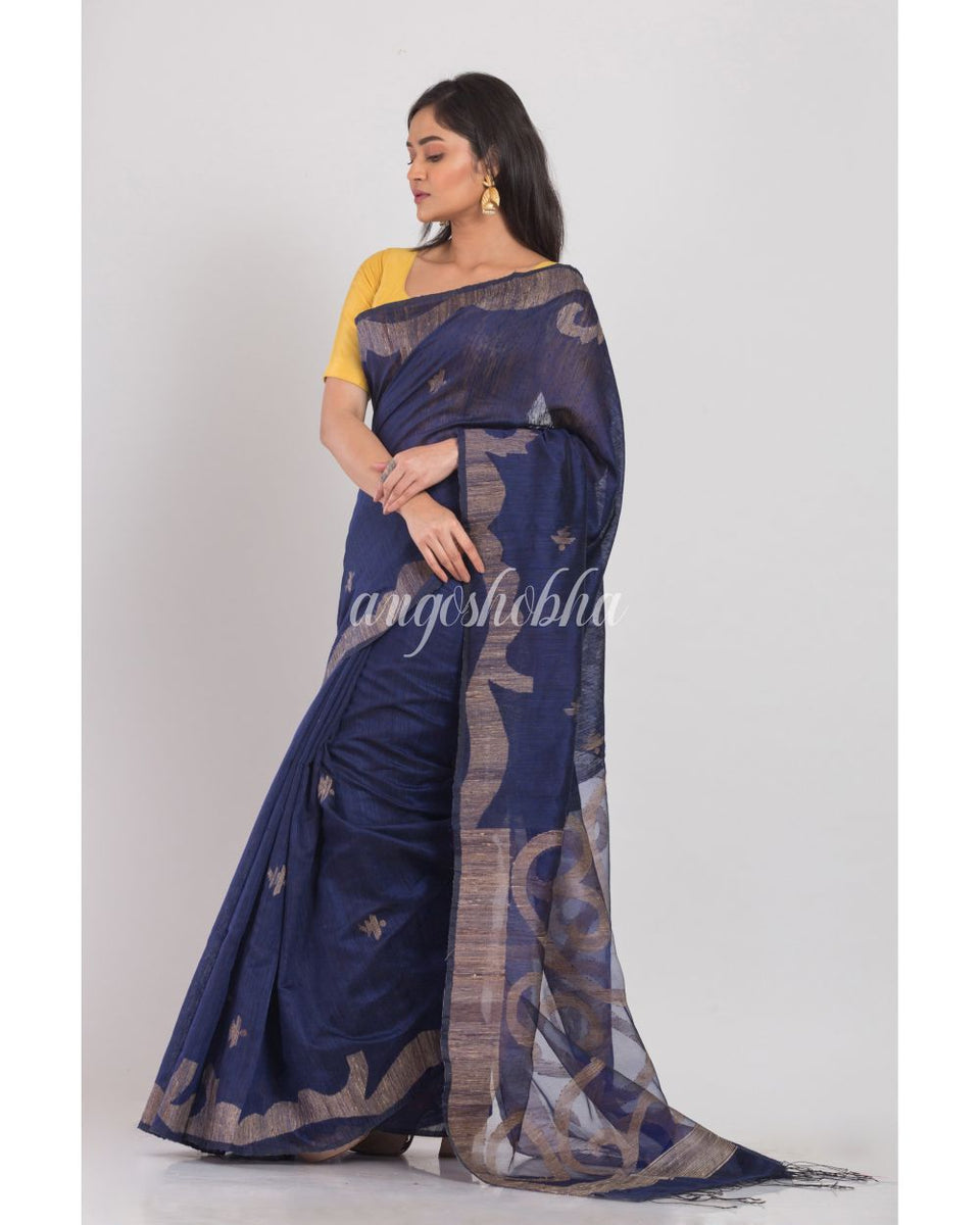 Navy Blue Matka Silk Jamdani Saree – angoshobha