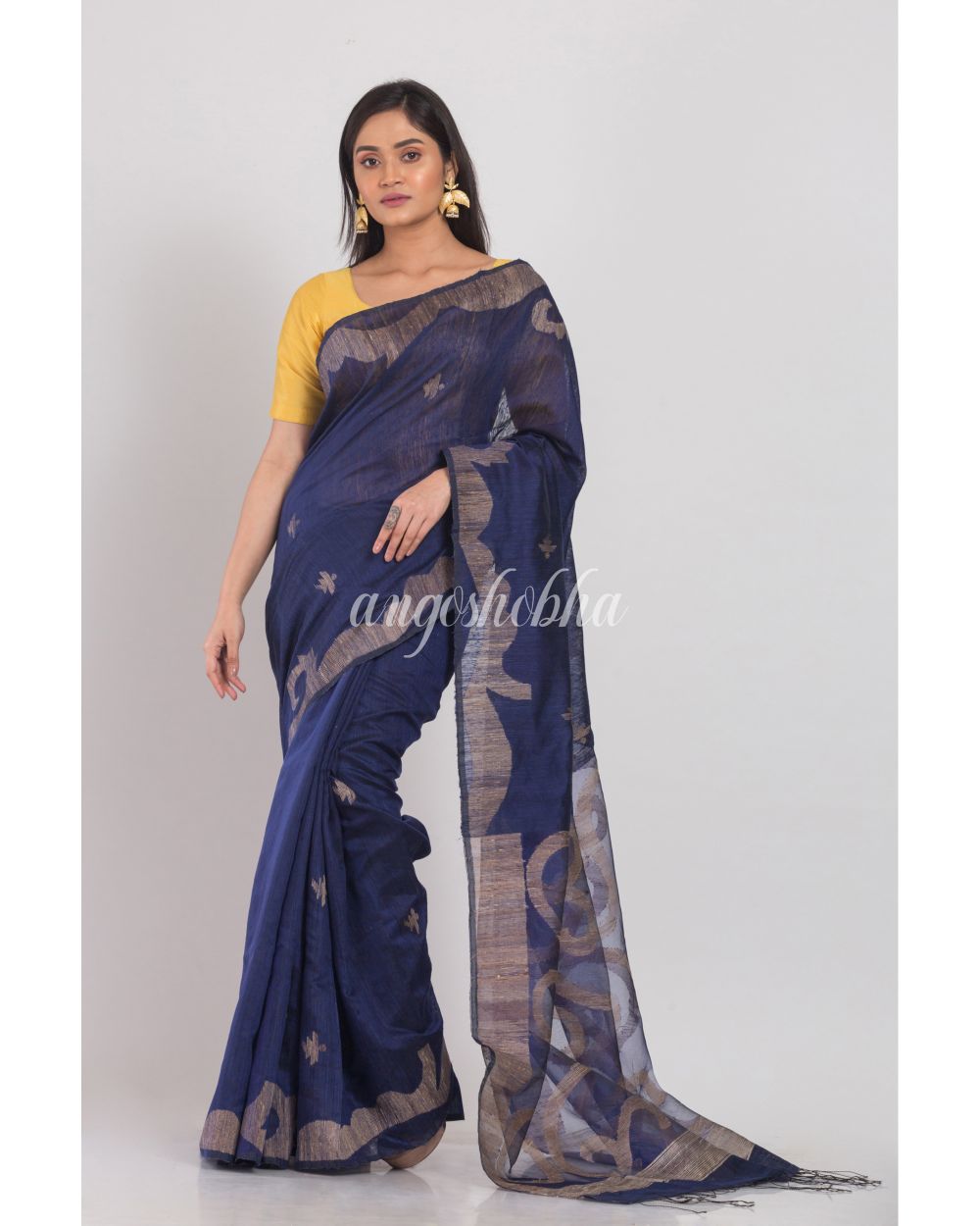 Navy Blue Matka Silk Jamdani Saree