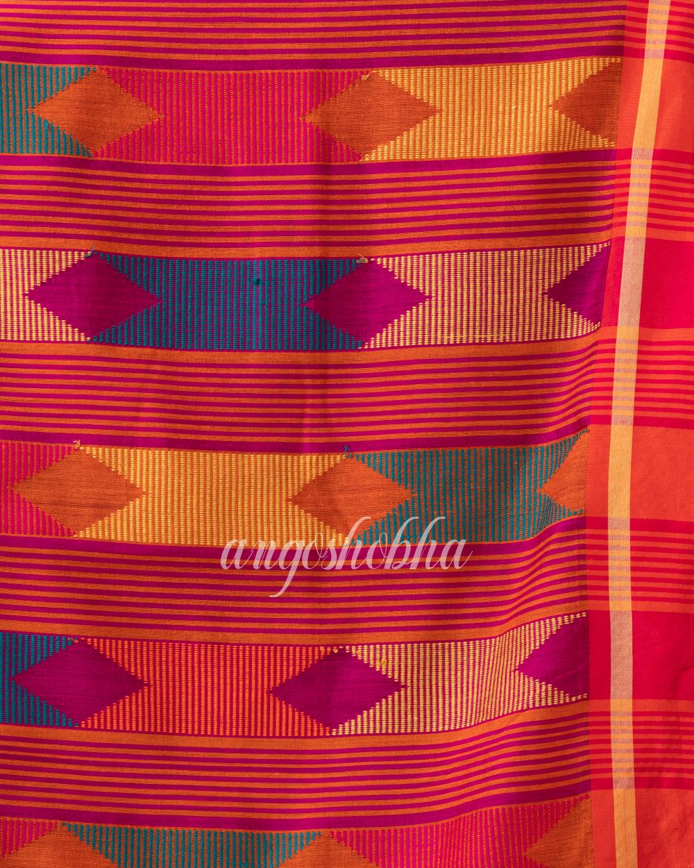 Rani Pink Cotton Blend Temple Border Jamdani Saree