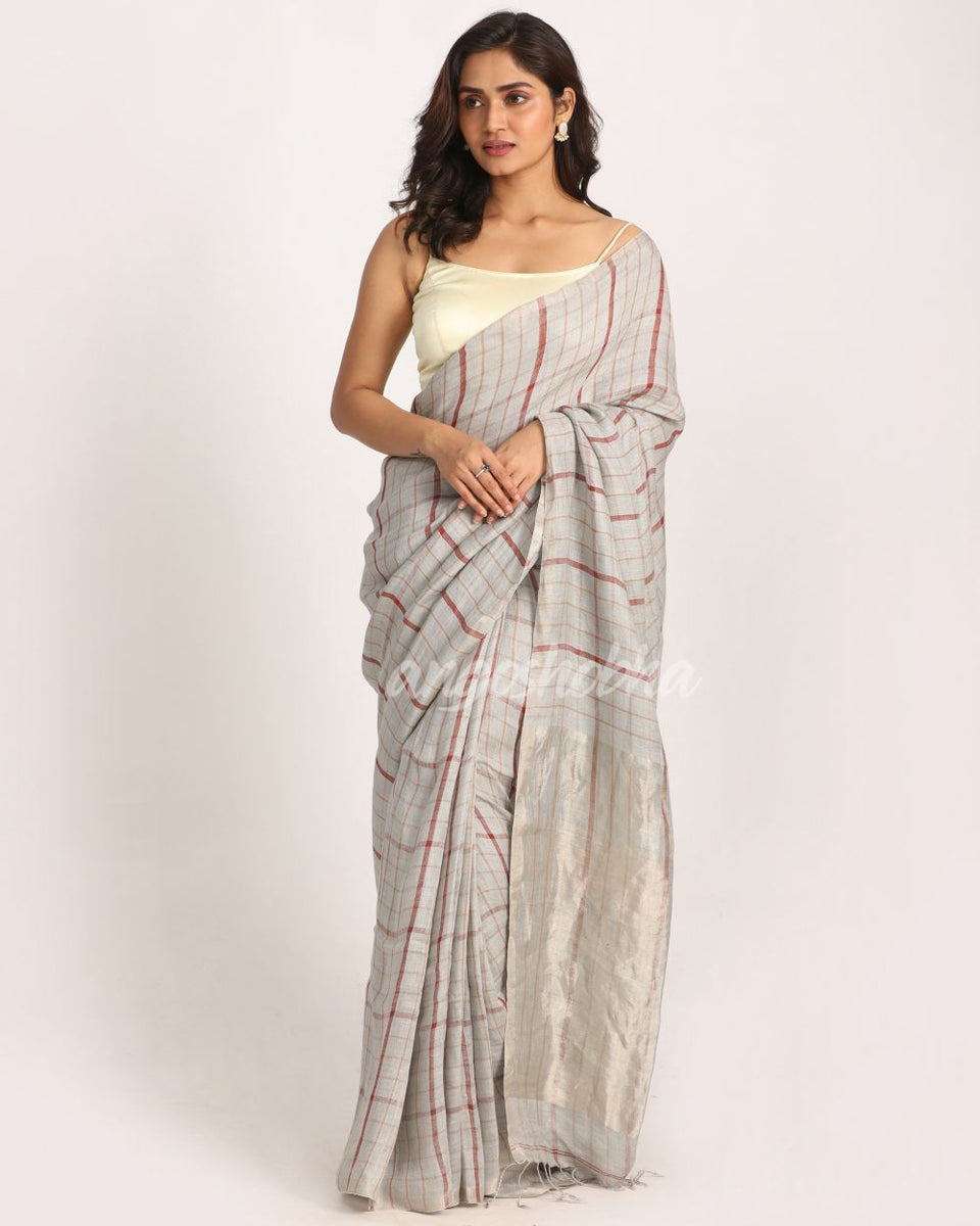 Silver Grey Traditional Handloom Check Linen Saree – angoshobha