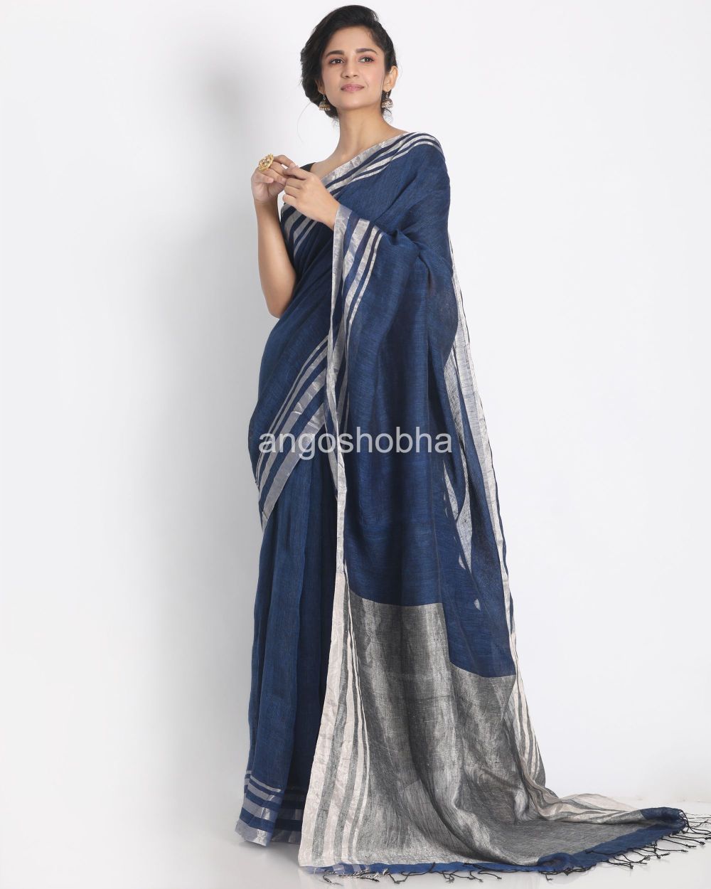 Silver Zari Border Blue Linen Saree