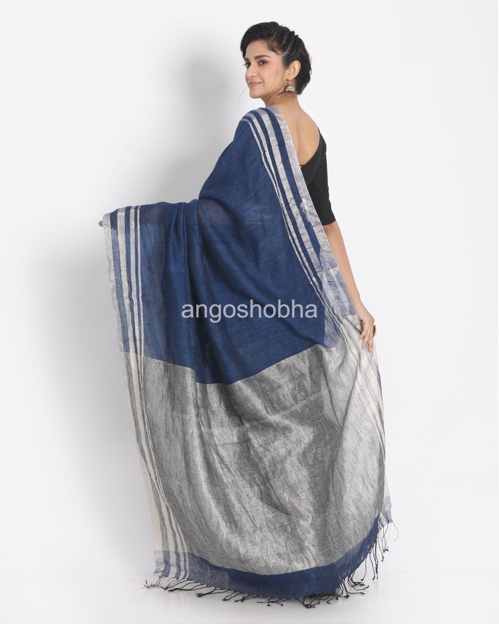Silver Zari Border Blue Linen Saree