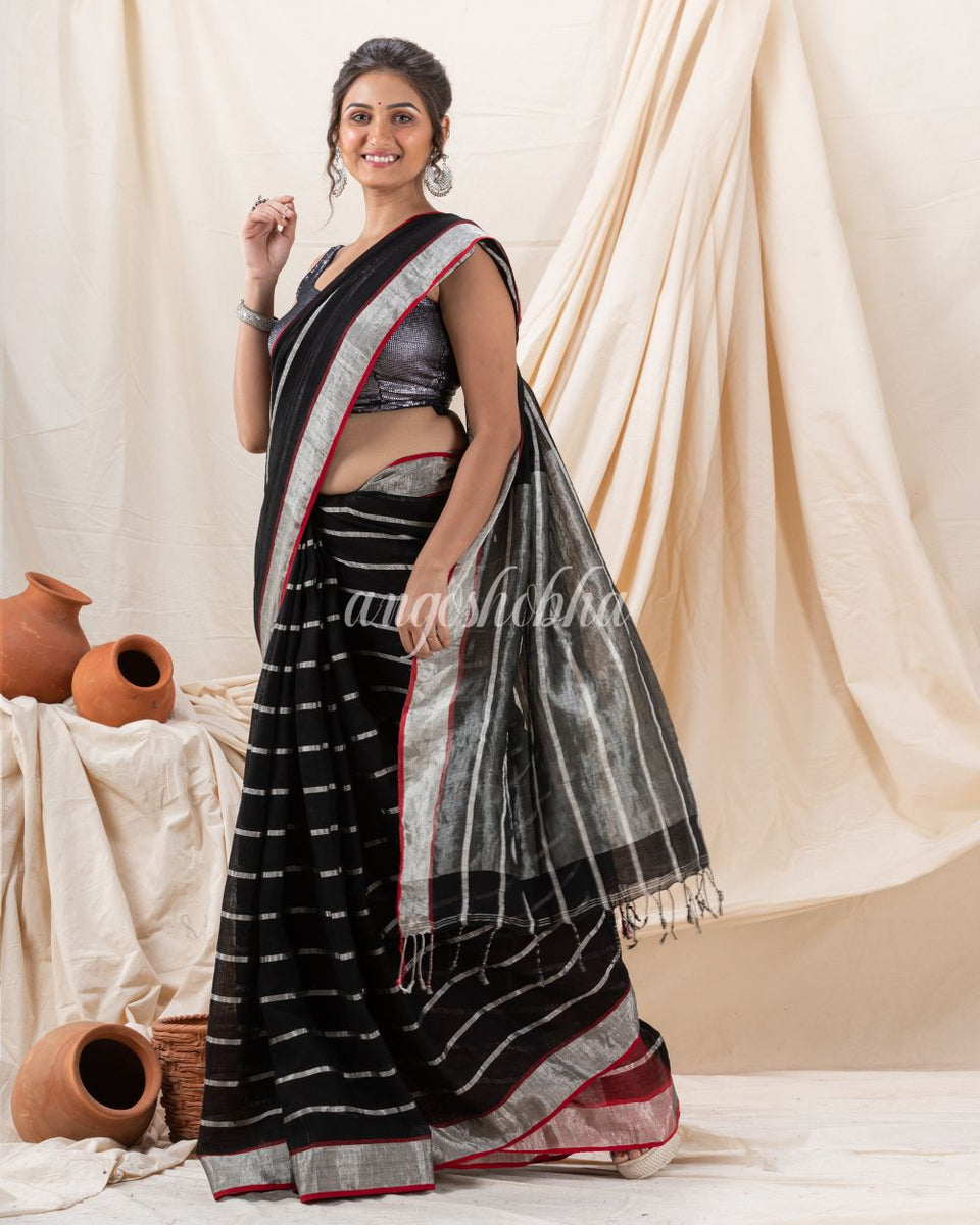 Traditional Black Handloom Linen Saree – angoshobha
