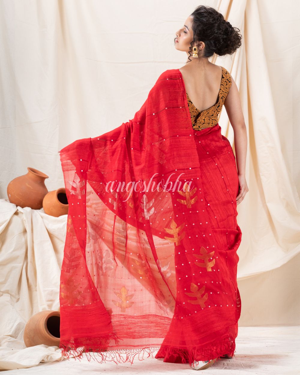 Traditional Red Matka Silk Soft Sequin Jamdani Saree