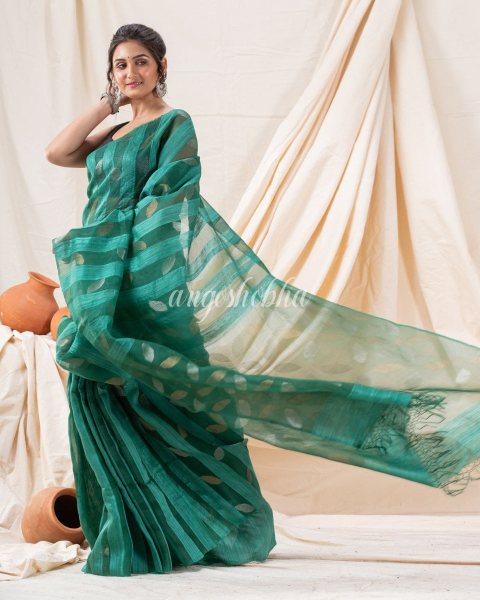 Traditional Teal Matka Silk Soft Sequin Jamdani Saree – angoshobha