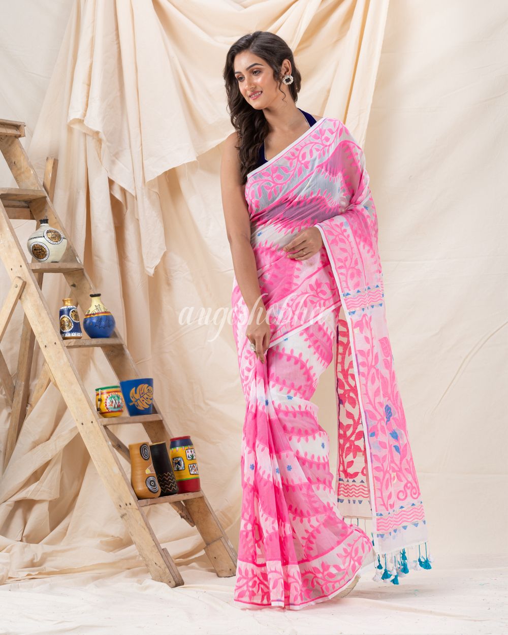 Traditional White Pink Soft Dhakai Creeper Jamdani Saree